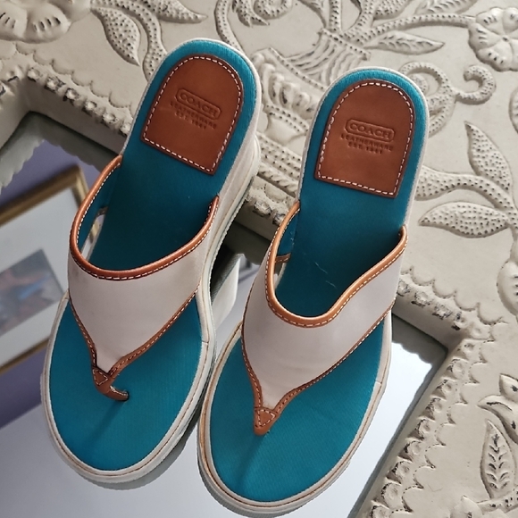 Coach | Shoes | Coach Teal And White Sandals | Poshmark
